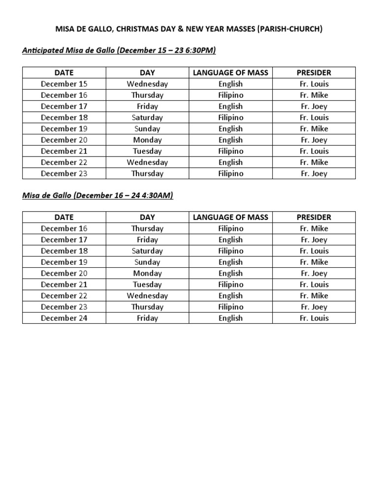 Misa De Gallo Christmas Day And New Year Masses Parish Church Matrix