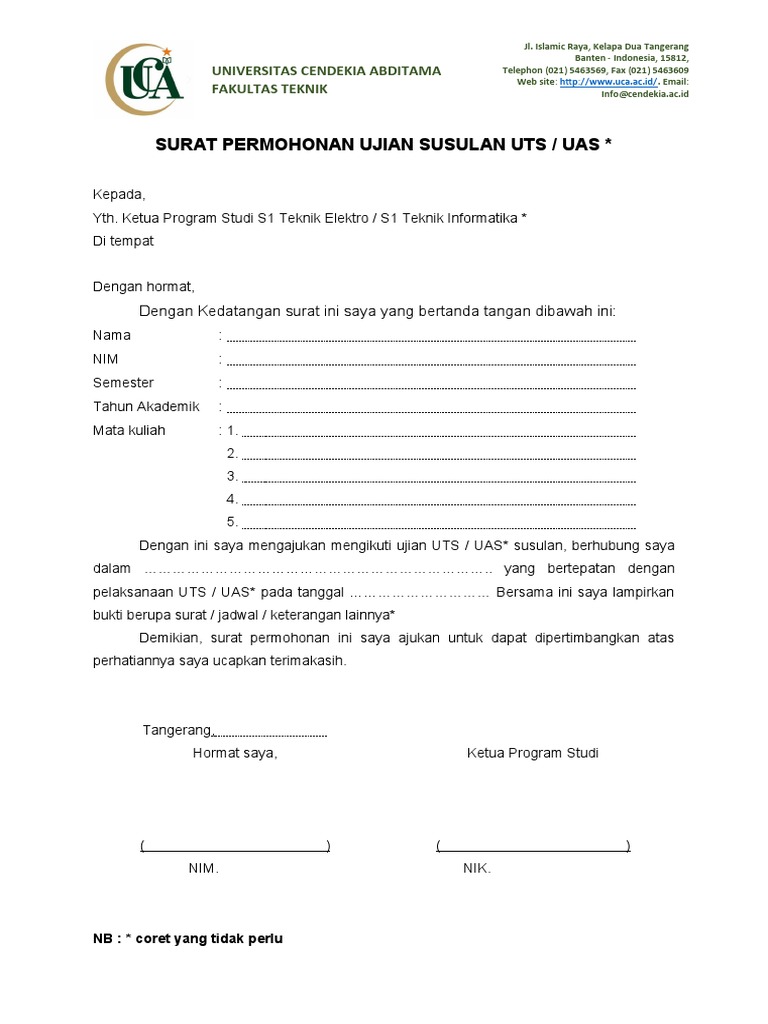 Surat Permohonan Ujian Susulan Uts Atau Uas Pdf