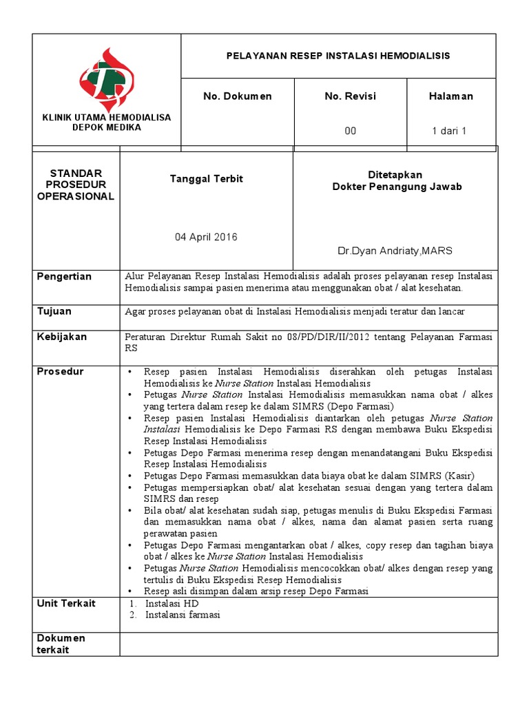 Spo Pelayanan Resep Instalasi HD | PDF
