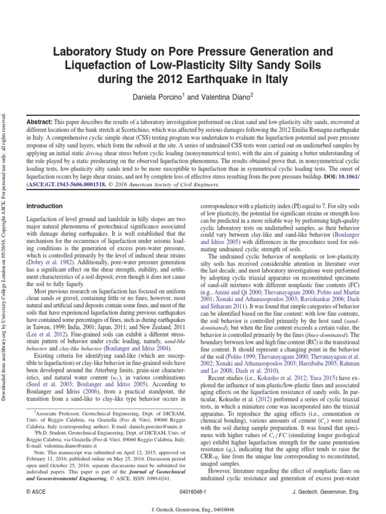 Laboratory Study On Pore Pressure Generation and Liquefaction of Low ...