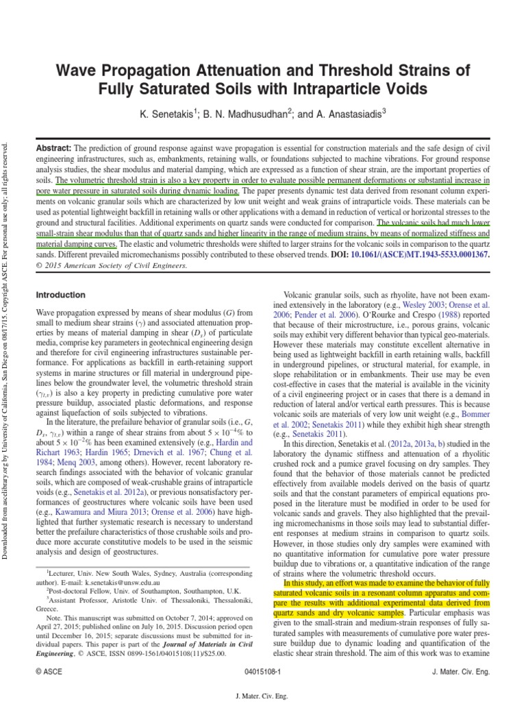 Wave Propagation Attenuation And Threshold Strains Of Fully Saturated