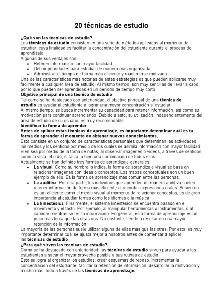 20 Técnicas de Estudio | Descargar gratis PDF | Habilidades de estudio | Aprendizaje
