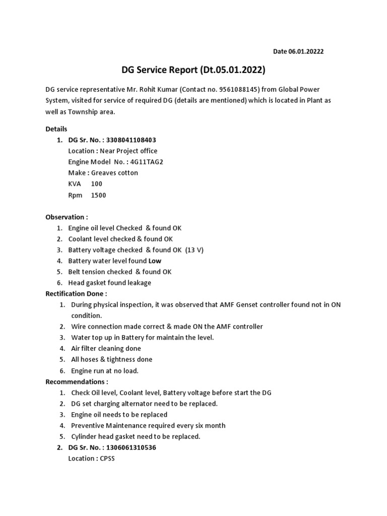 DG Service Report Summary and Recommendations | PDF | Rectifier ...