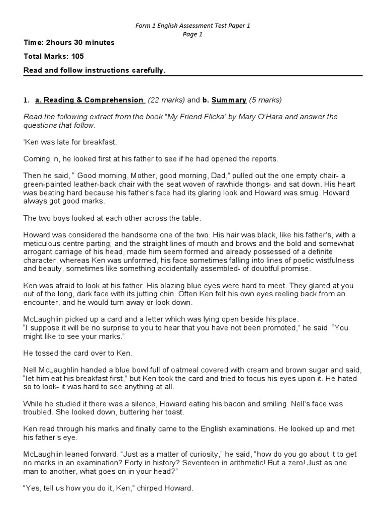 Form 1 English Assesement Test | PDF
