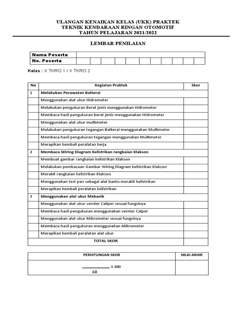 Lembar Penilaian Ulangan TKRO | PDF