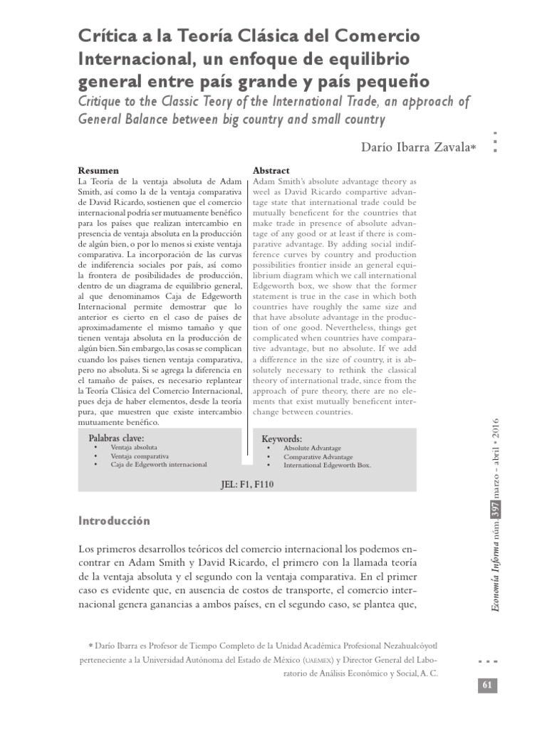 Crítica a la Teoría Clásica del Comercio Internacional desde una perspectiva de equilibrio ...