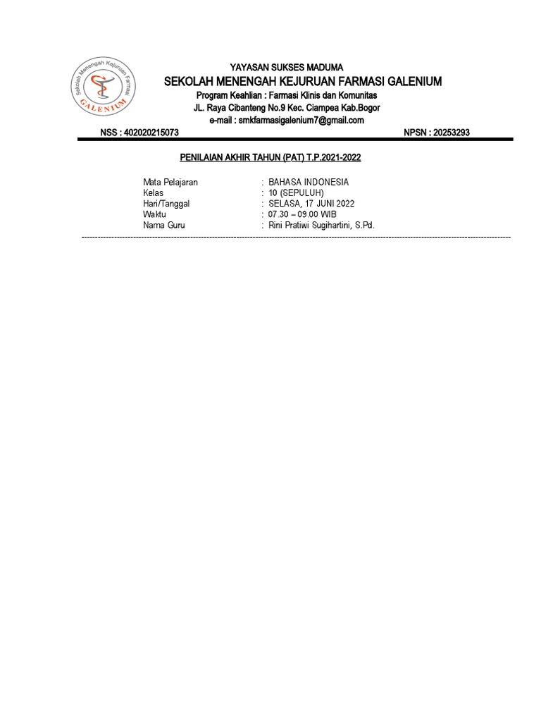 Kisi-Kisi Dan Soal Bindo PAT 2122 Fix | PDF