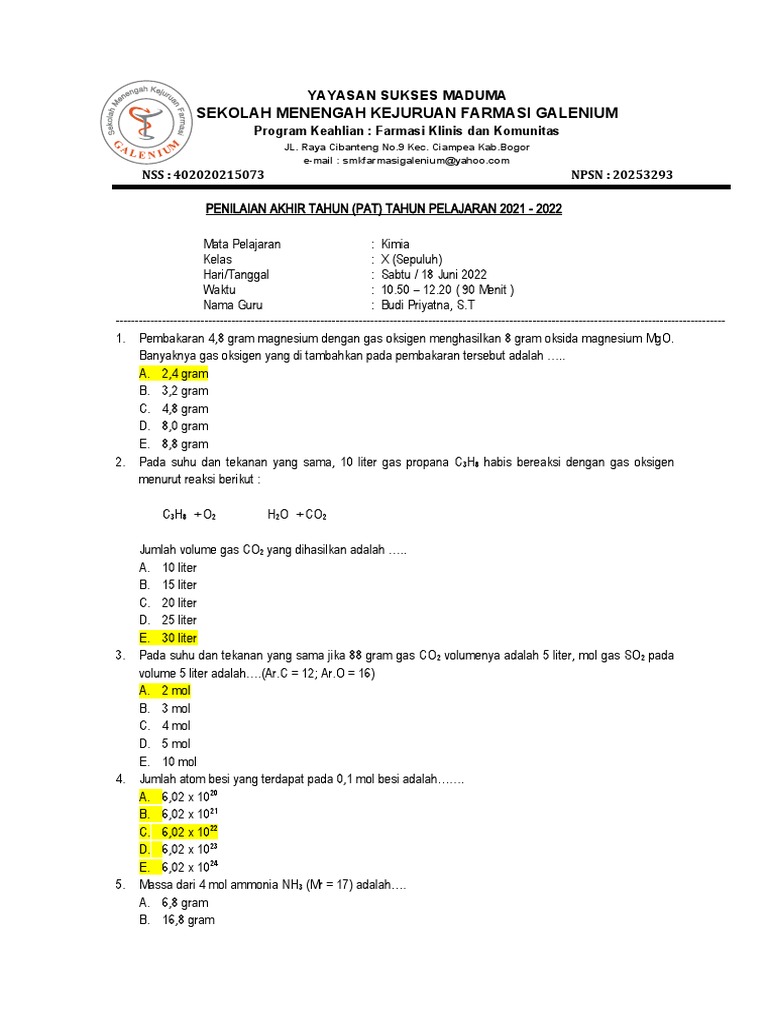Kisi-Kisi Dan Soal PAT - KIMIA - GENAP - Gale - 2022 | PDF