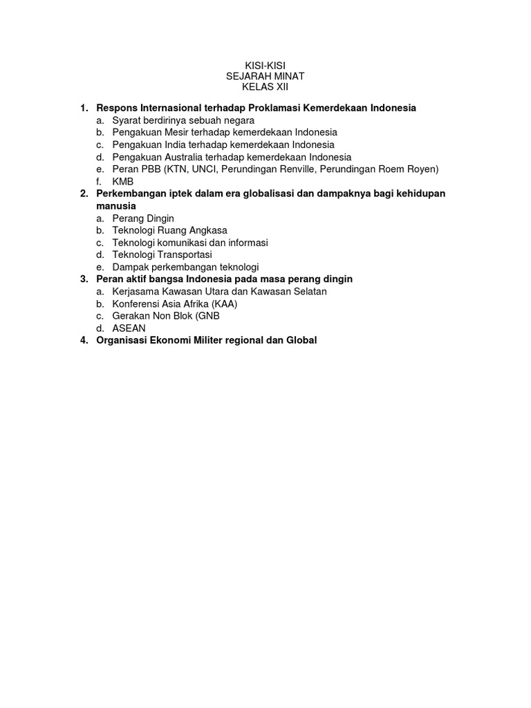 Kisi-Kisi Sejarah Kelas XII | PDF