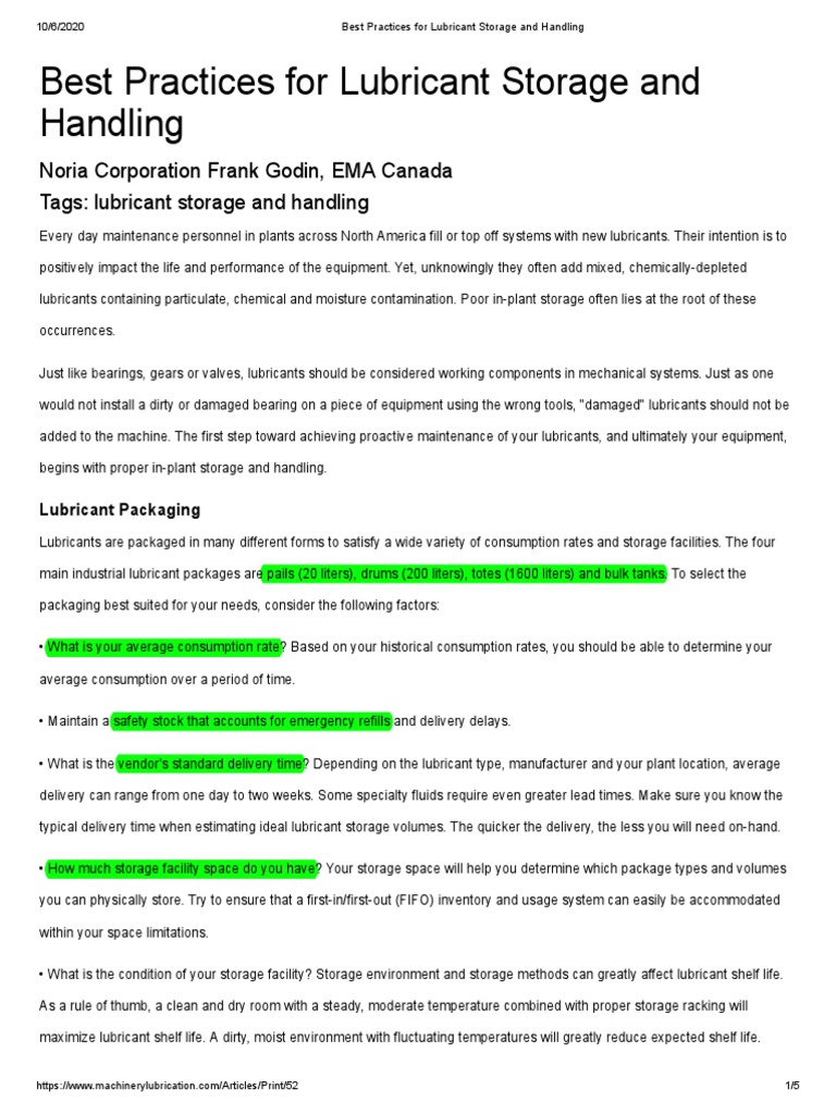 Best Practices For Lubricant Storage and Handling | PDF | Lubricant | Shelf Life