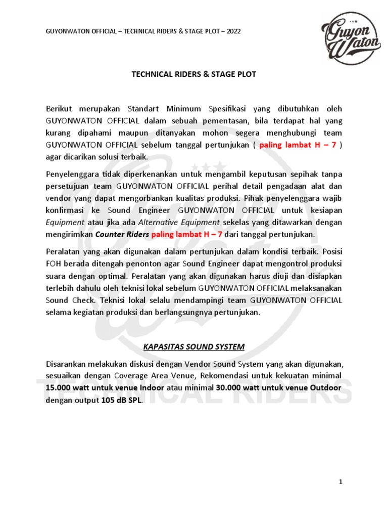 Full Band GUYONWATON - Technical Riders - 2022-1 | PDF