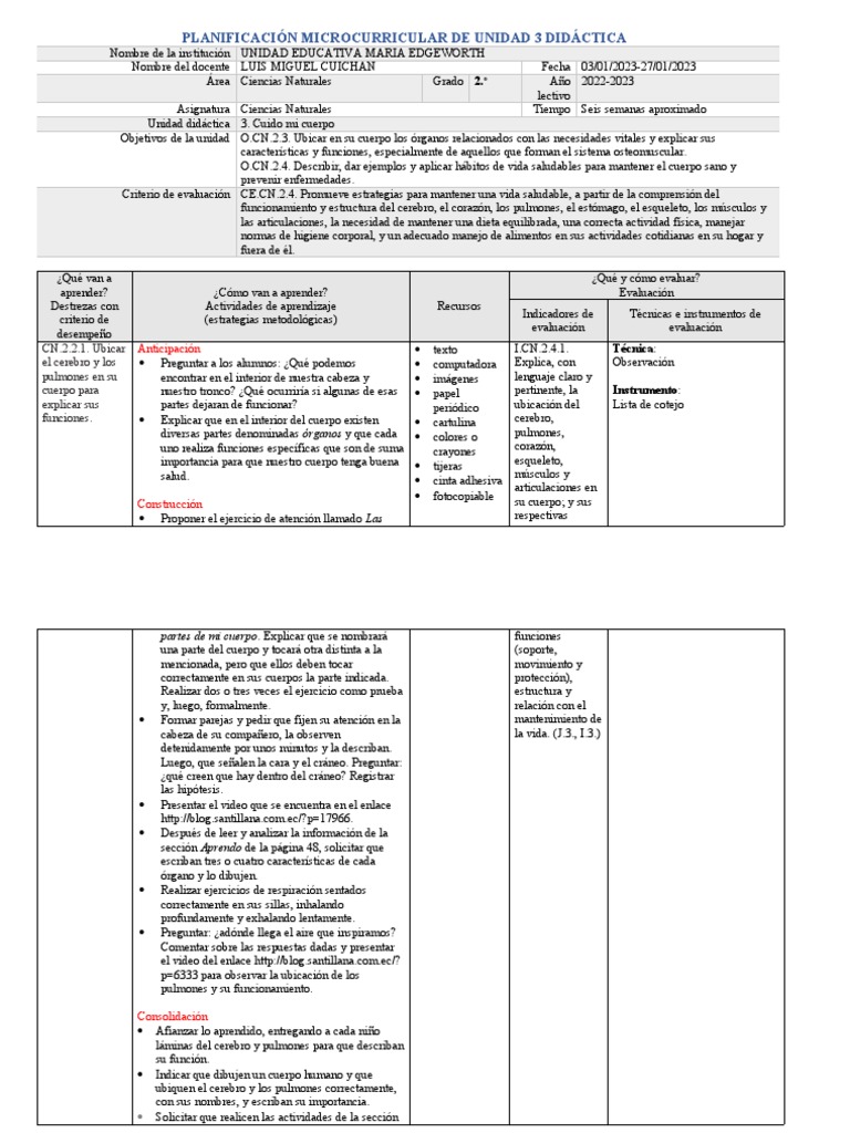 Planificacion Unidad 3 Ciencias Naturales - 2do Basica | PDF