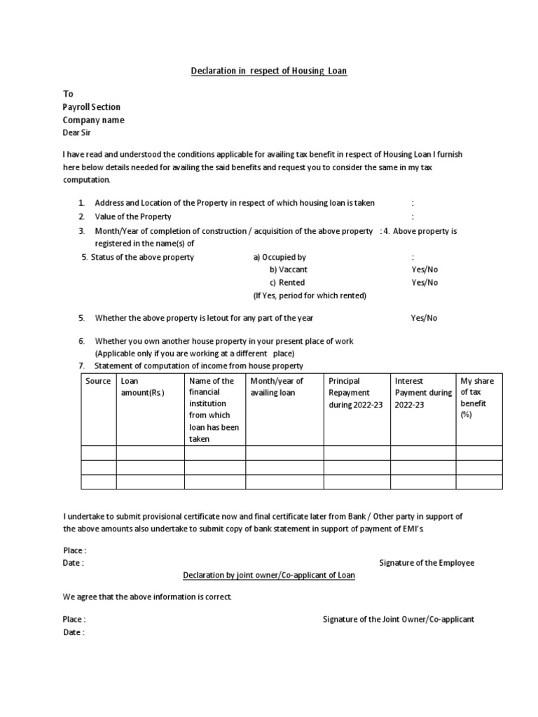Declaration in Respect of Housing Loan | PDF | Loans | Payroll Tax
