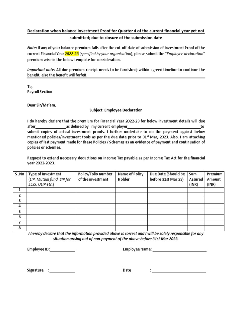 Employee Declaration for Investment Proof | PDF