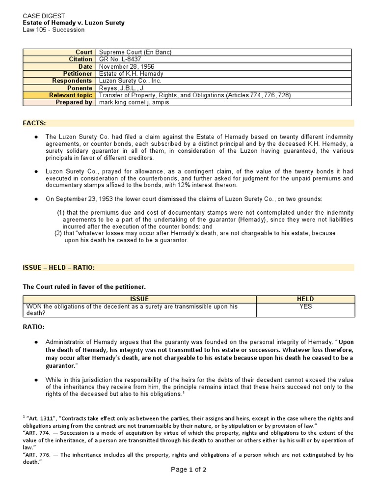 Hemady Estate v. Luzon Surety Ruling | PDF | Guarantee | Surety