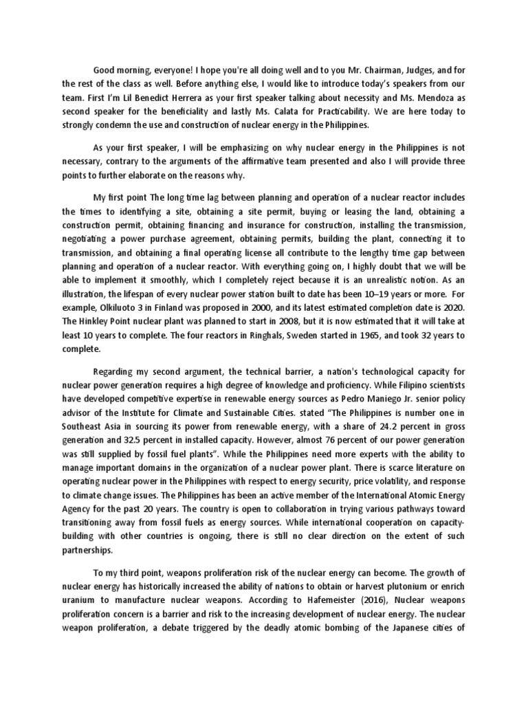 1st Negative Speaker Constructive Speech by Herrera | PDF | Nuclear ...