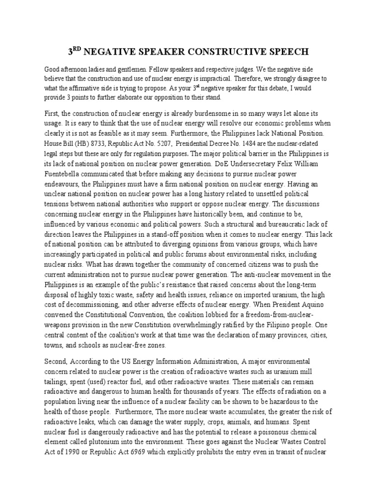 3RD Negative Speaker Constructive Speech | PDF | Radioactive Waste ...