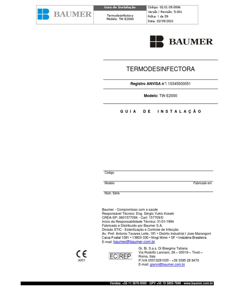 Manual Instalação Lavadora Termodesinfectora Baumer | PDF Manual Instalação Lavadora Termodesinfectora Baumer | PDF