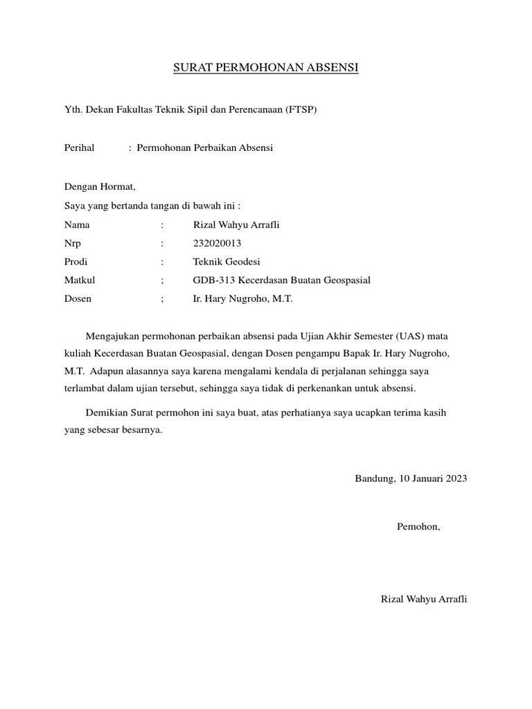 SURAT PERMOHONAN ABSENSI Rizal | PDF