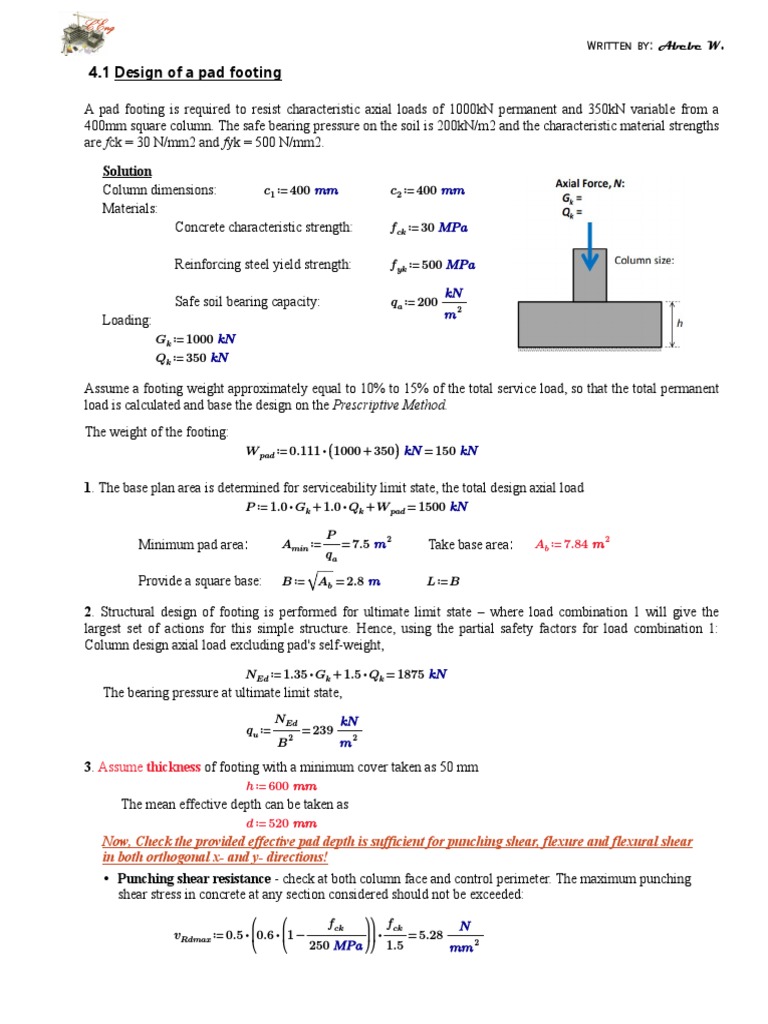Pad Footing Design Example Mathcad Pdf Bending Materials
