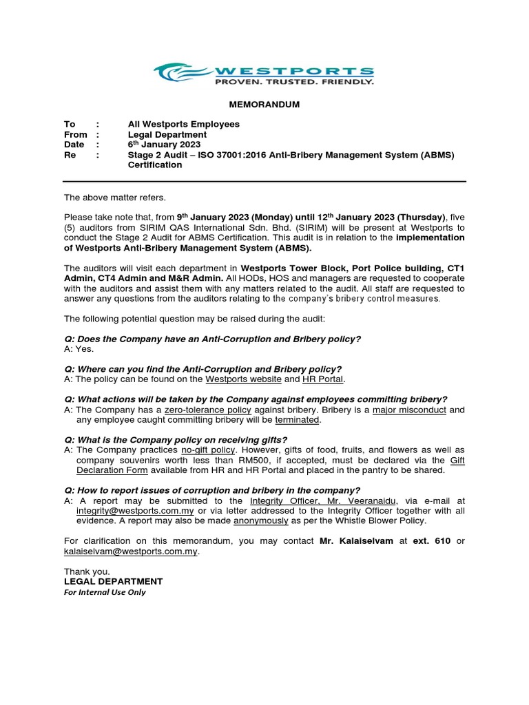 Memo - ABMS Audit Stage 2 | PDF | Audit | Bribery