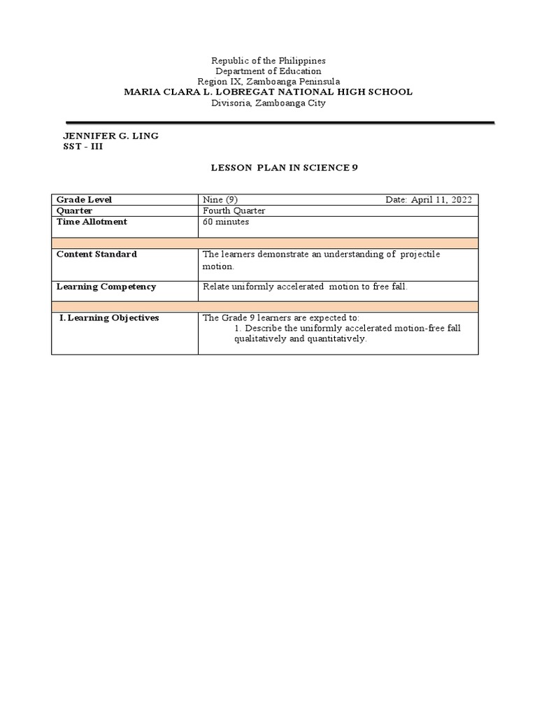 Grade 9 Science Lesson Plan on Uniformly Accelerated Motion and Free ...