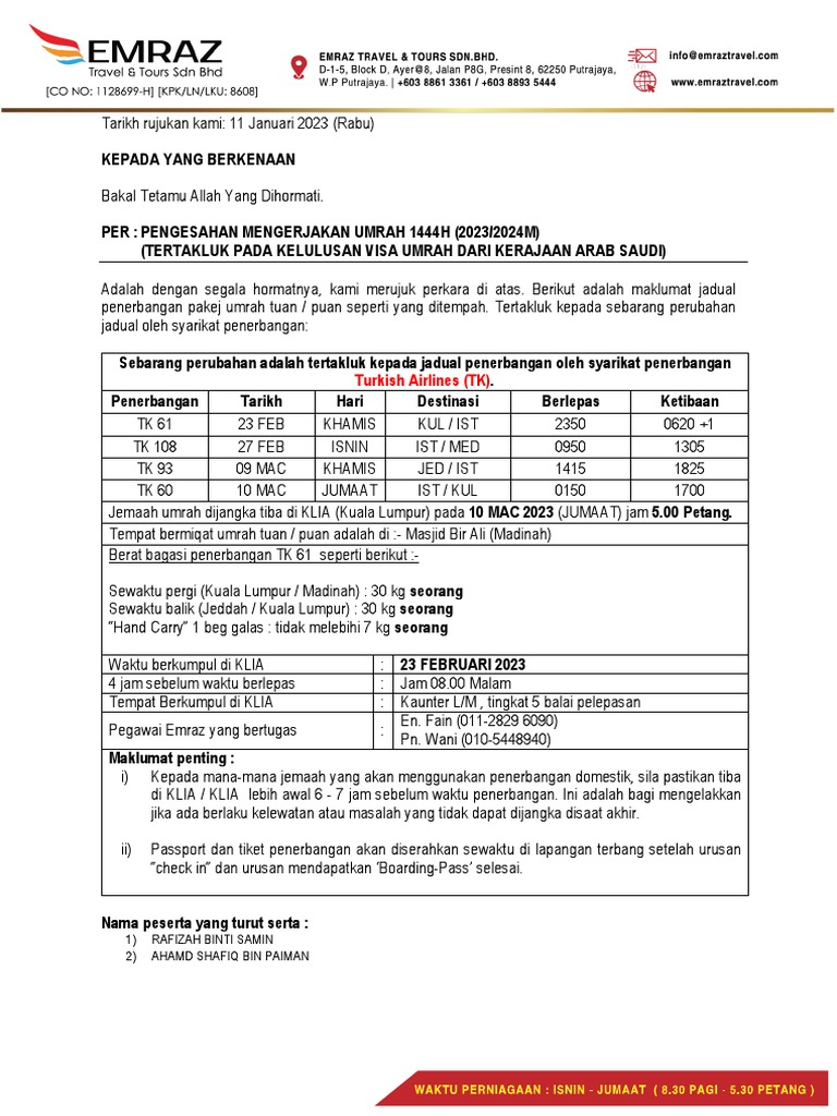 Surat Pengesahan Umrah Puan Rafizah Binti Samin | PDF