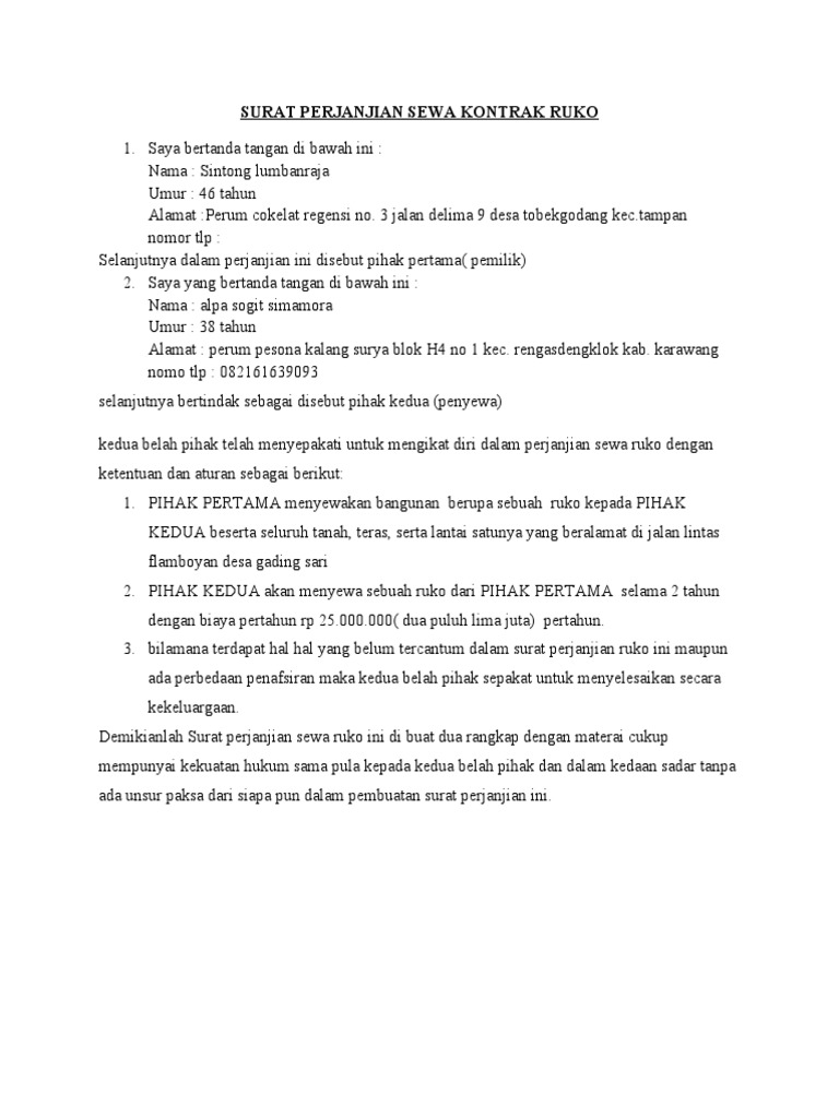 Surat Perjanjian Sewa Kontrak Ruko | PDF