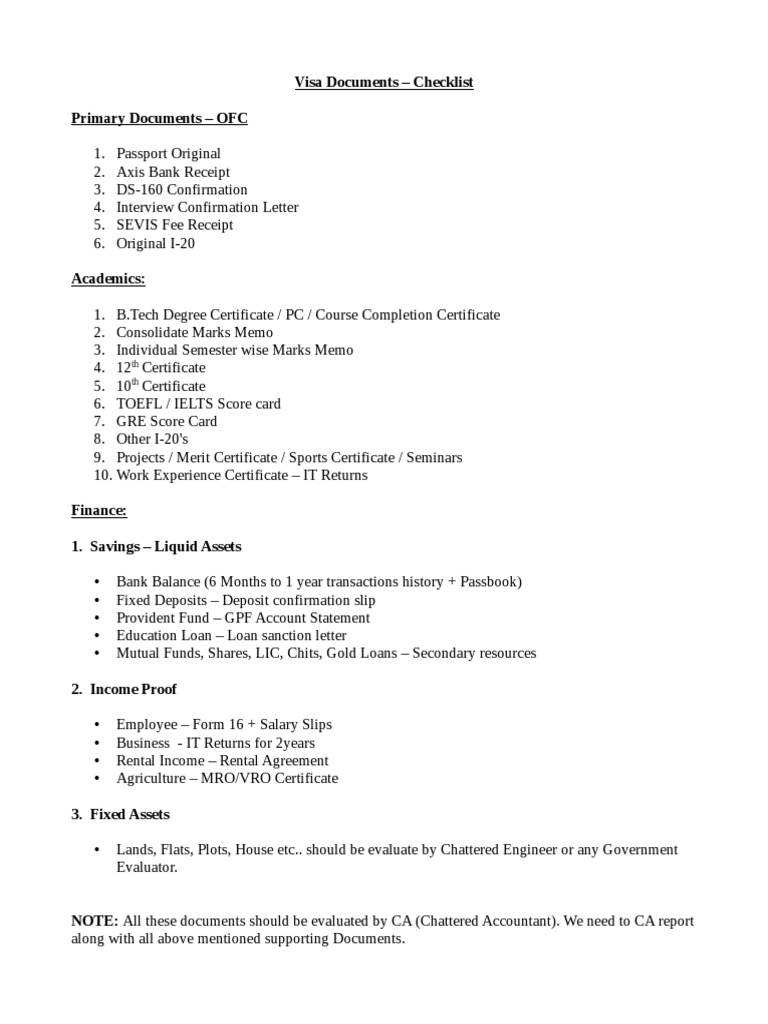 Visa Documents - Checklist | PDF