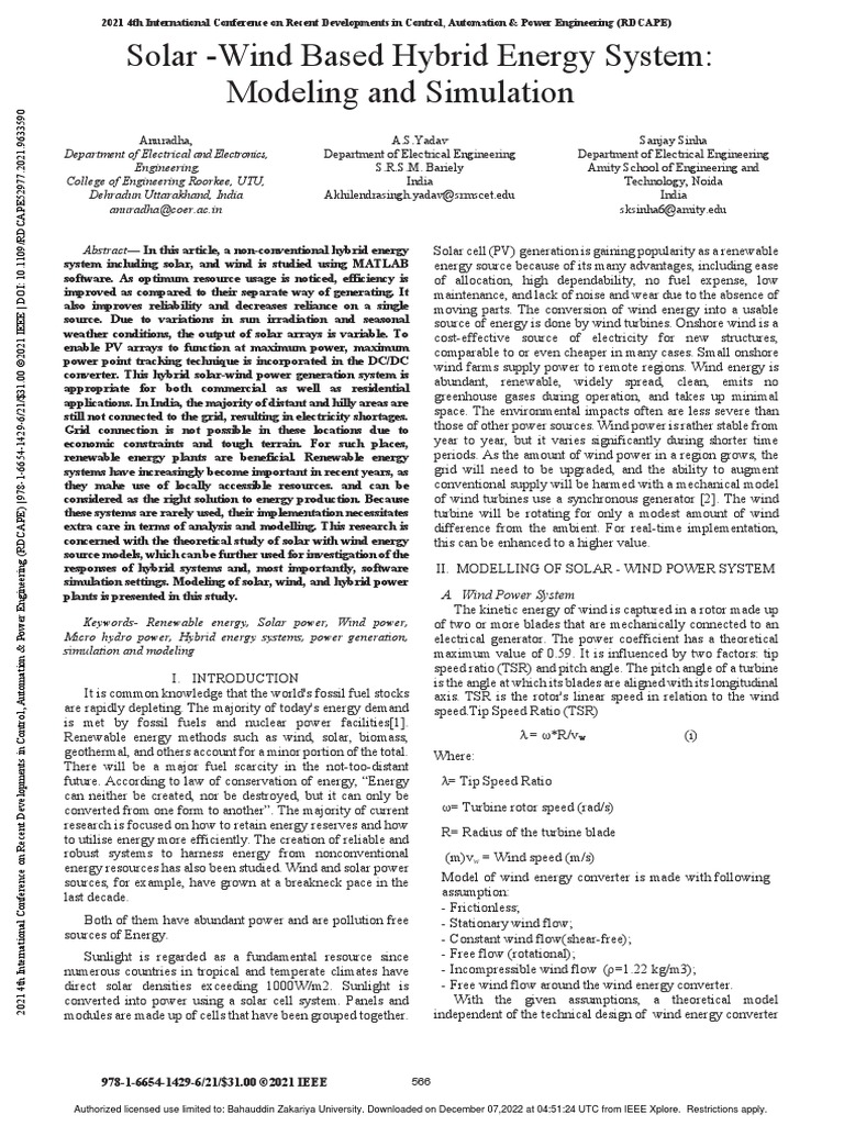 Solar-Wind Based Hybrid Energy System Modeling and Simulation | PDF | Electricity | Renewable ...