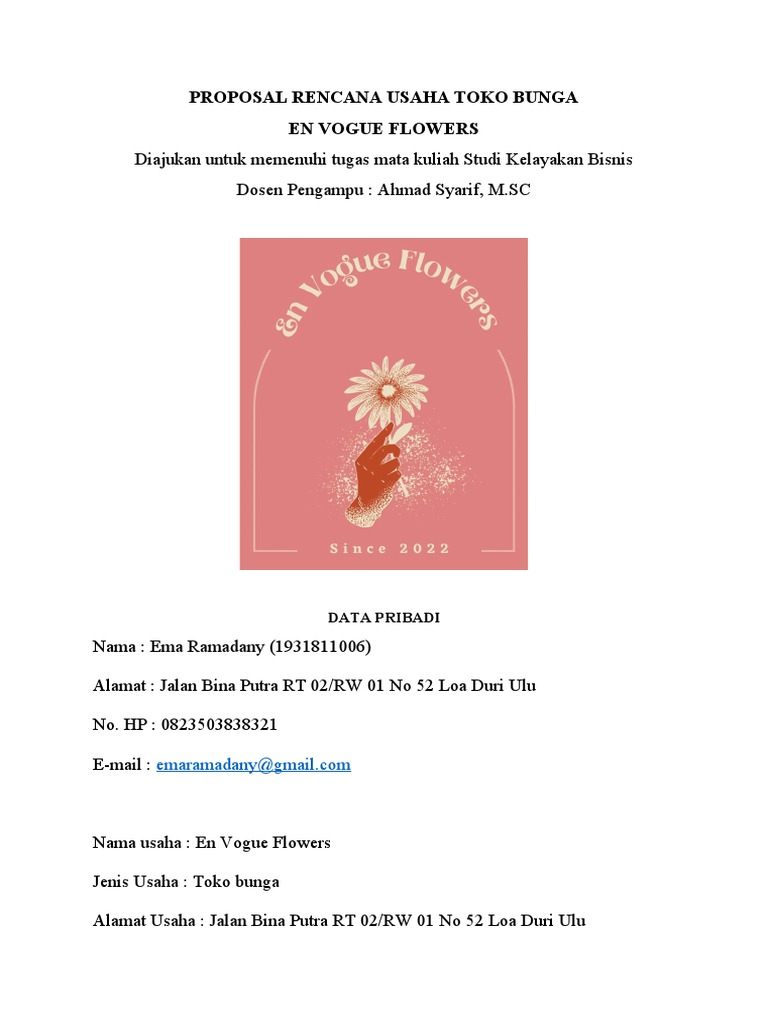 Proposal Rencana Usaha Toko Bunga en Vogue Flowers | PDF