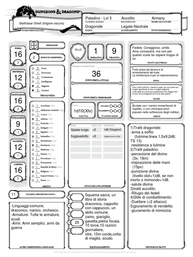Scheda PG ARmany Paladine - Dragonide 2 | PDF