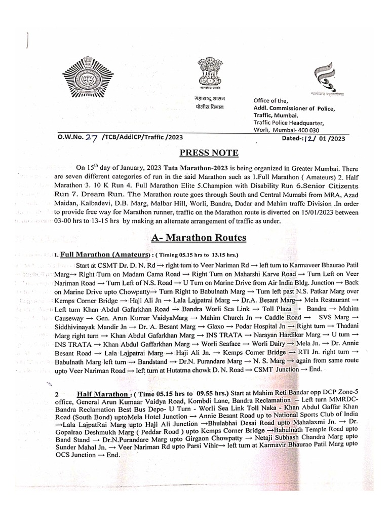 Tata Mumbai Marathon English Press Note | PDF | Transport Infrastructure