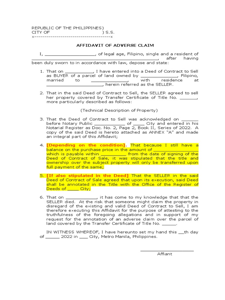Affidavit of Adverse Claim | PDF | Deed | Affidavit