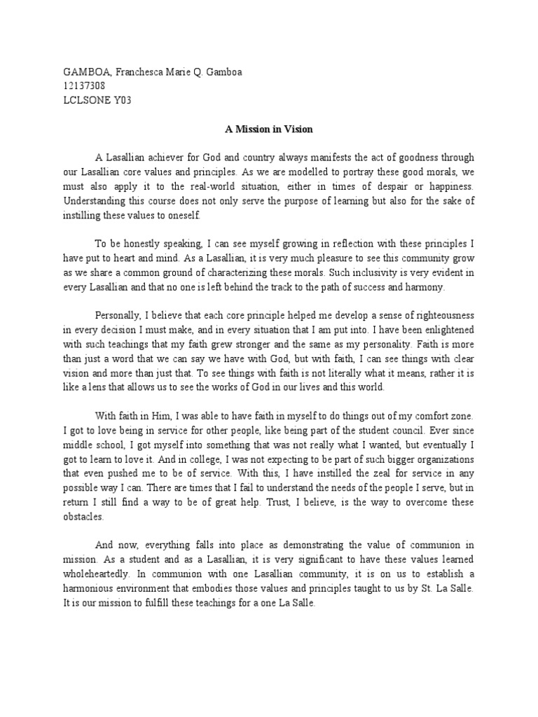 GAMBOA - Lasallian Core Value Reflection | PDF