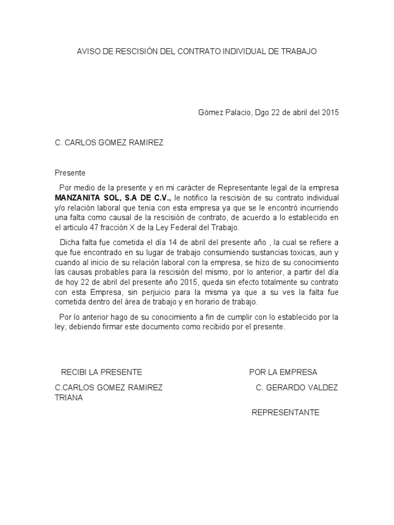 Rescisión de Contrato Laboral a Carlos Gómez | PDF | Derecho