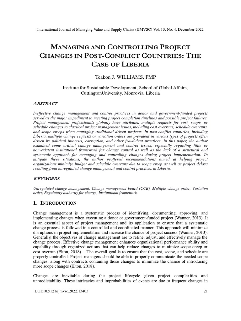 Managing and Controlling Project Changes in Post-Conflict Countries ...