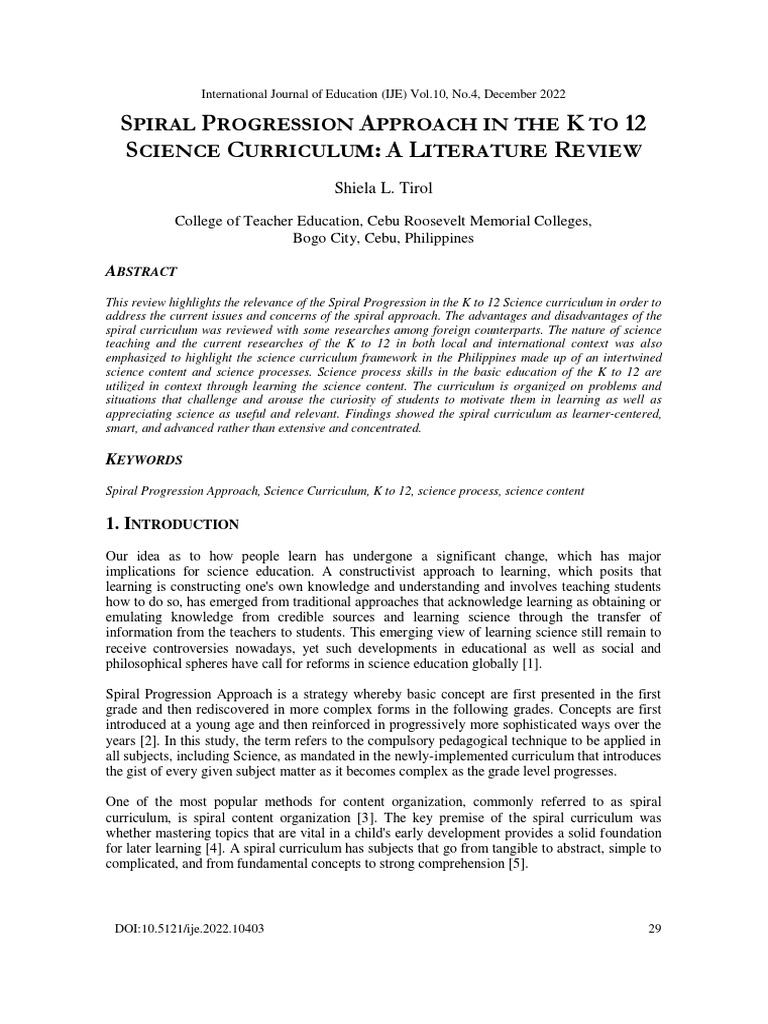 Spiral Progression Approach In The K To 12 Science Curriculum A Literature Review Pdf
