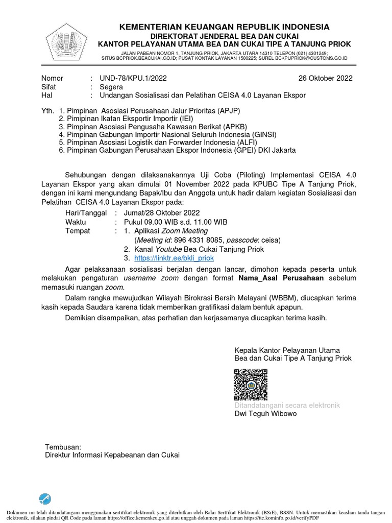 Undangan Sosialisasi Dan Pelatihan CEISA 4.0 Layanan Ekspor | PDF