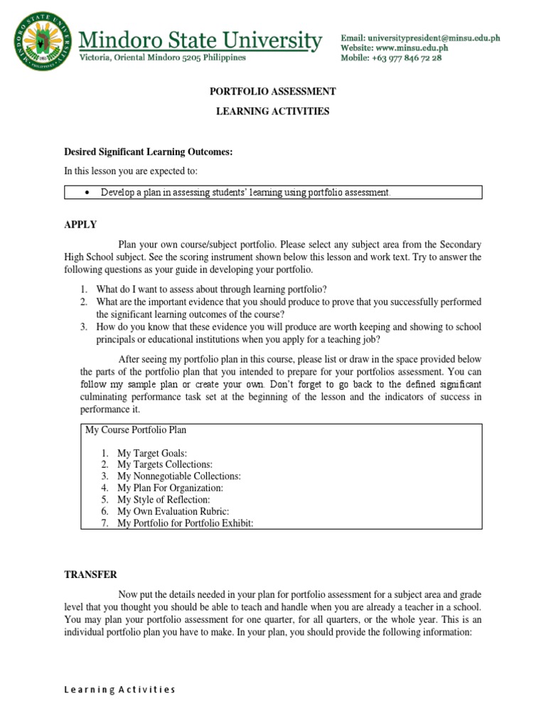 Portfolio Learning Activities | PDF | Educational Assessment | Rubric ...