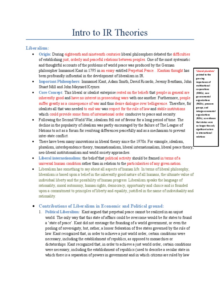 Intro to Liberal IR Theories | PDF | Liberalism | State (Polity)