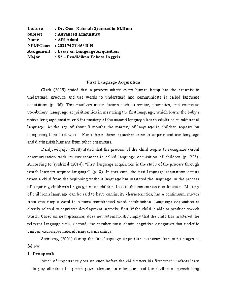 Afif Adani - Essay On First Language Acquisition | Download Free PDF | Language Acquisition | Speech