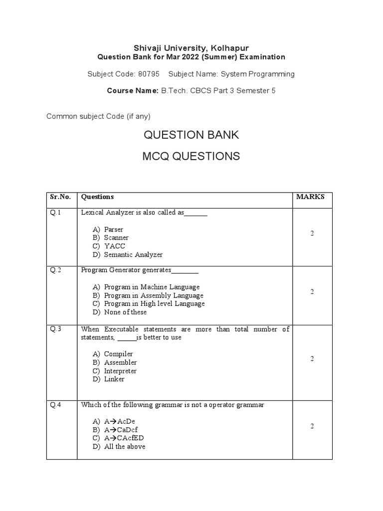Question Bank MCQ Questions: Shivaji University, Kolhapur | PDF | Assembly Language | Programming