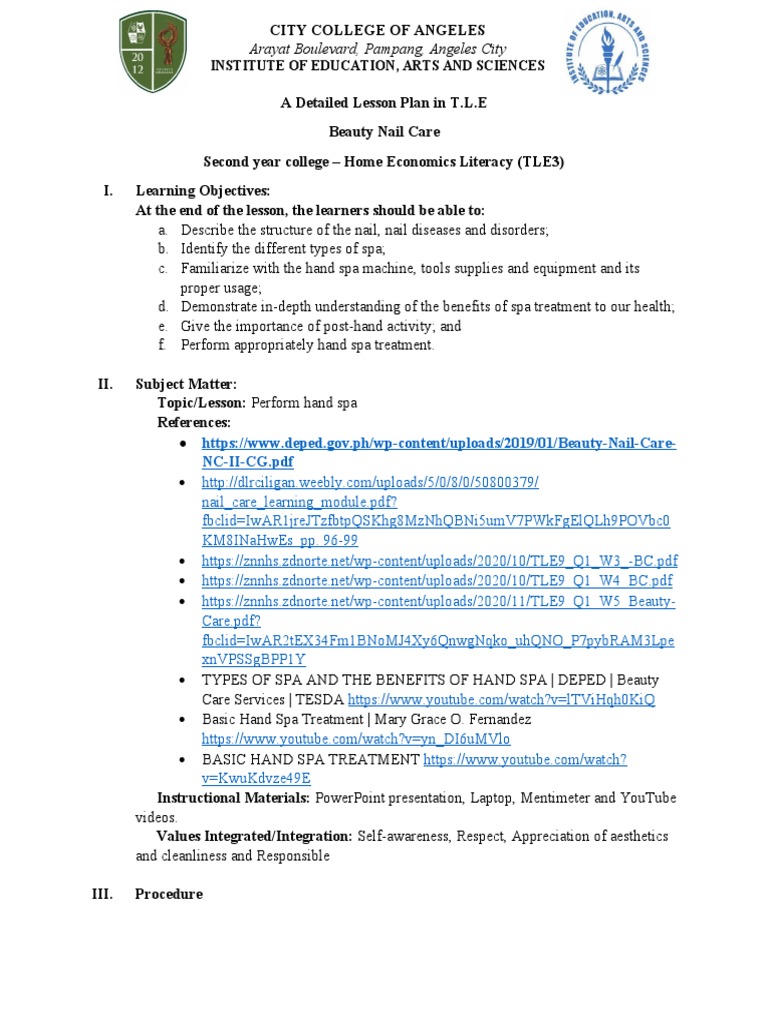 Hand Spa Treatment Lesson Plan | PDF | Nail (Anatomy)