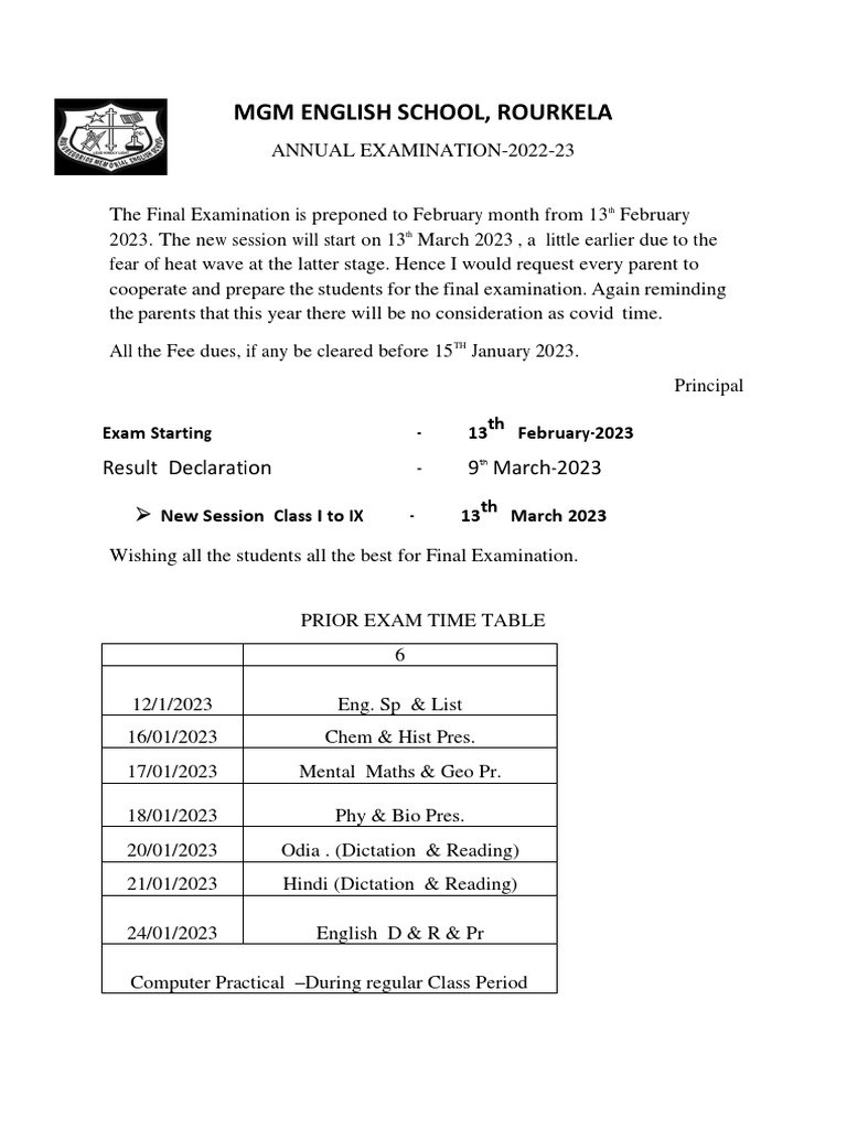 Class - 6 Annual Exam Syllabus & Prior Exam Time Table-1 | PDF | Science