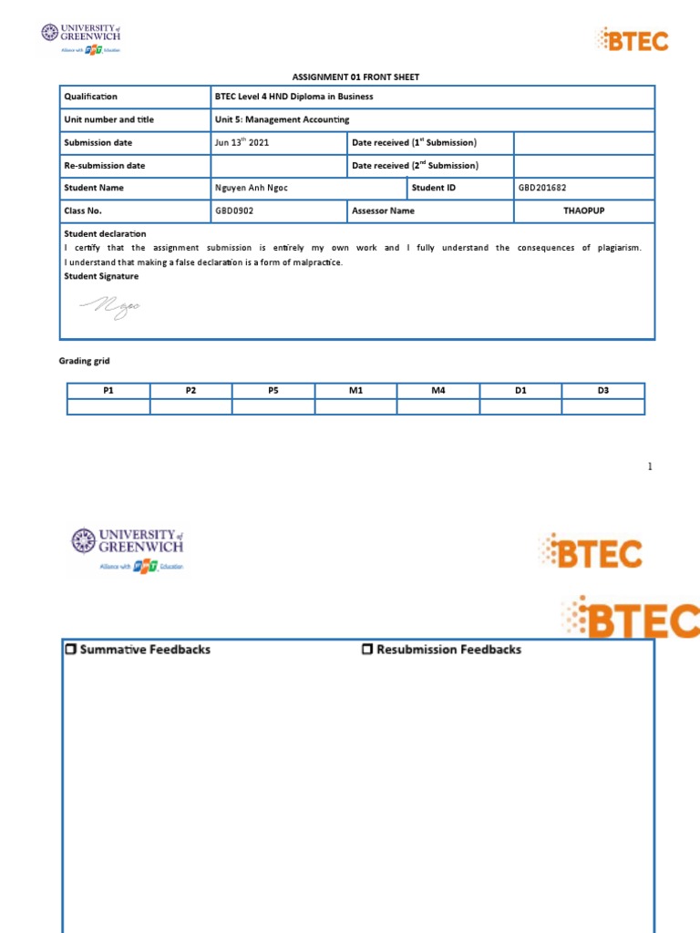 Assignment 01 Front Sheet | PDF | Inventory | Management Accounting