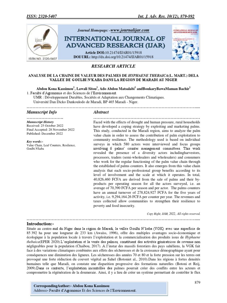 Analyse de La Chaine de Valeur Des Palmes de Hyphaene Thebaica (L. Mart ...