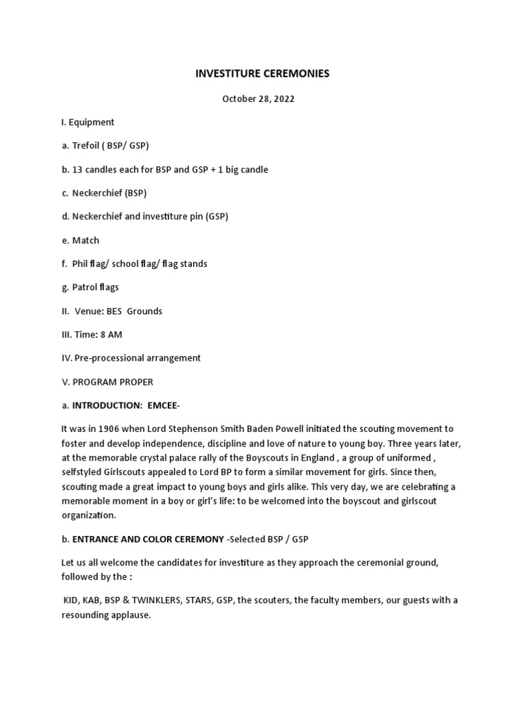 Script For Investiture | PDF | Scouting | Youth Movements