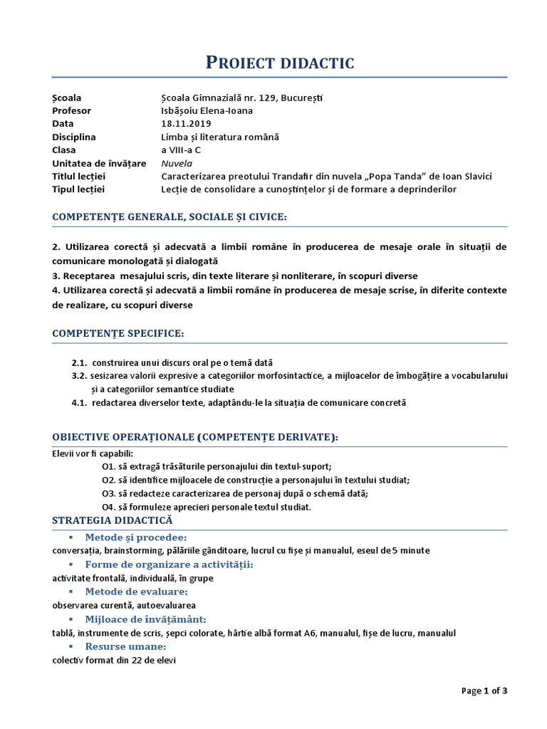 PROIECT DIDACTIC 8 Popa Tanda Caracterizare. Text | PDF