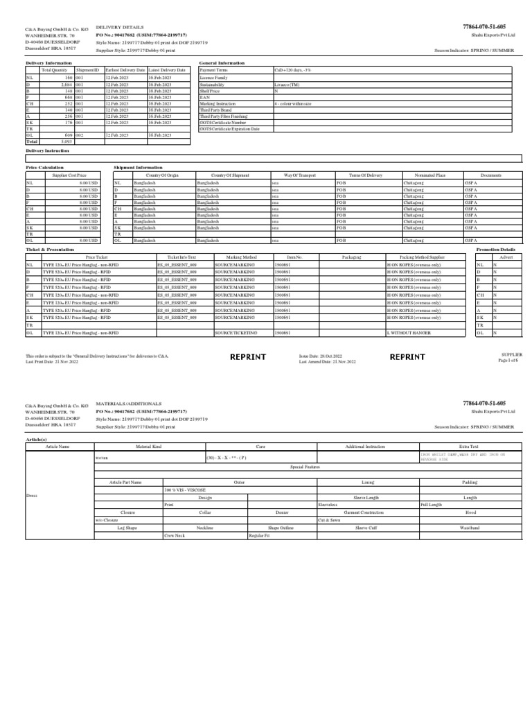 C&A Purchase Order 90417682 Style 77864 070 51 605 (3) As On 21nov | PDF | Clothing | Softlines ...